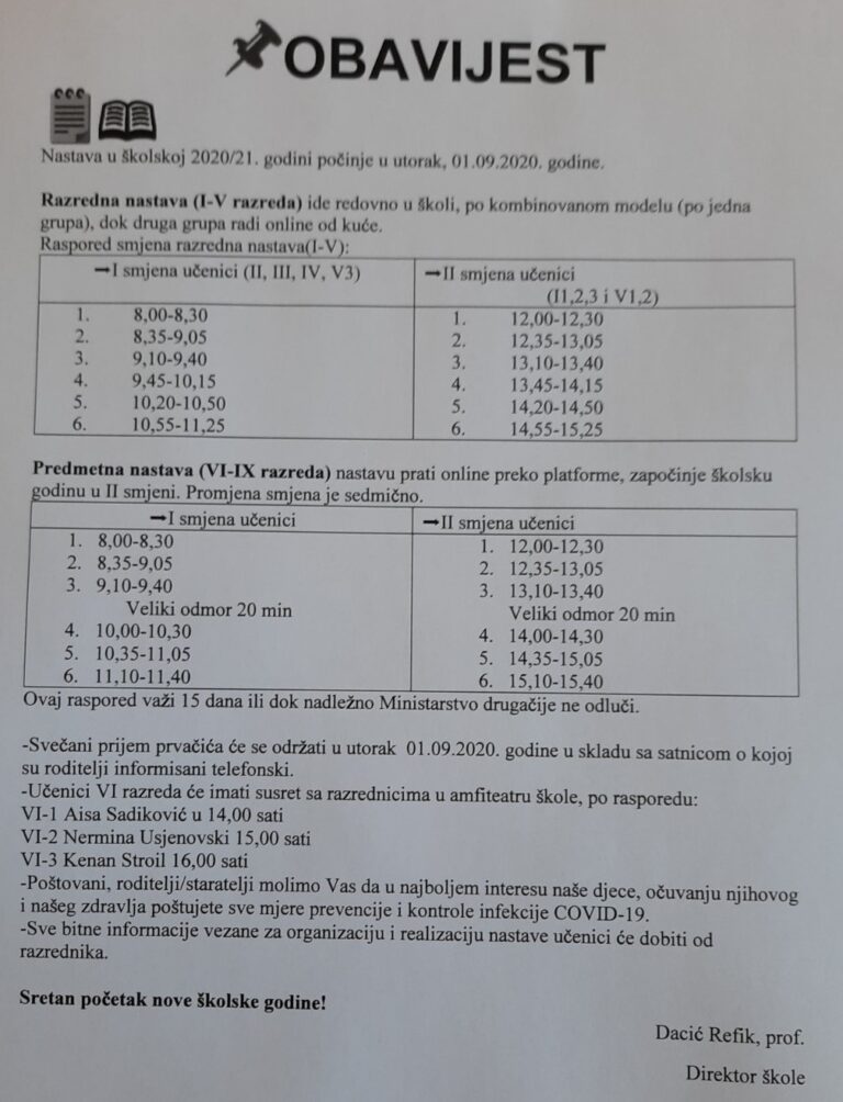 Raspored časova – JU "Deseta osnovna škola" Ilidža