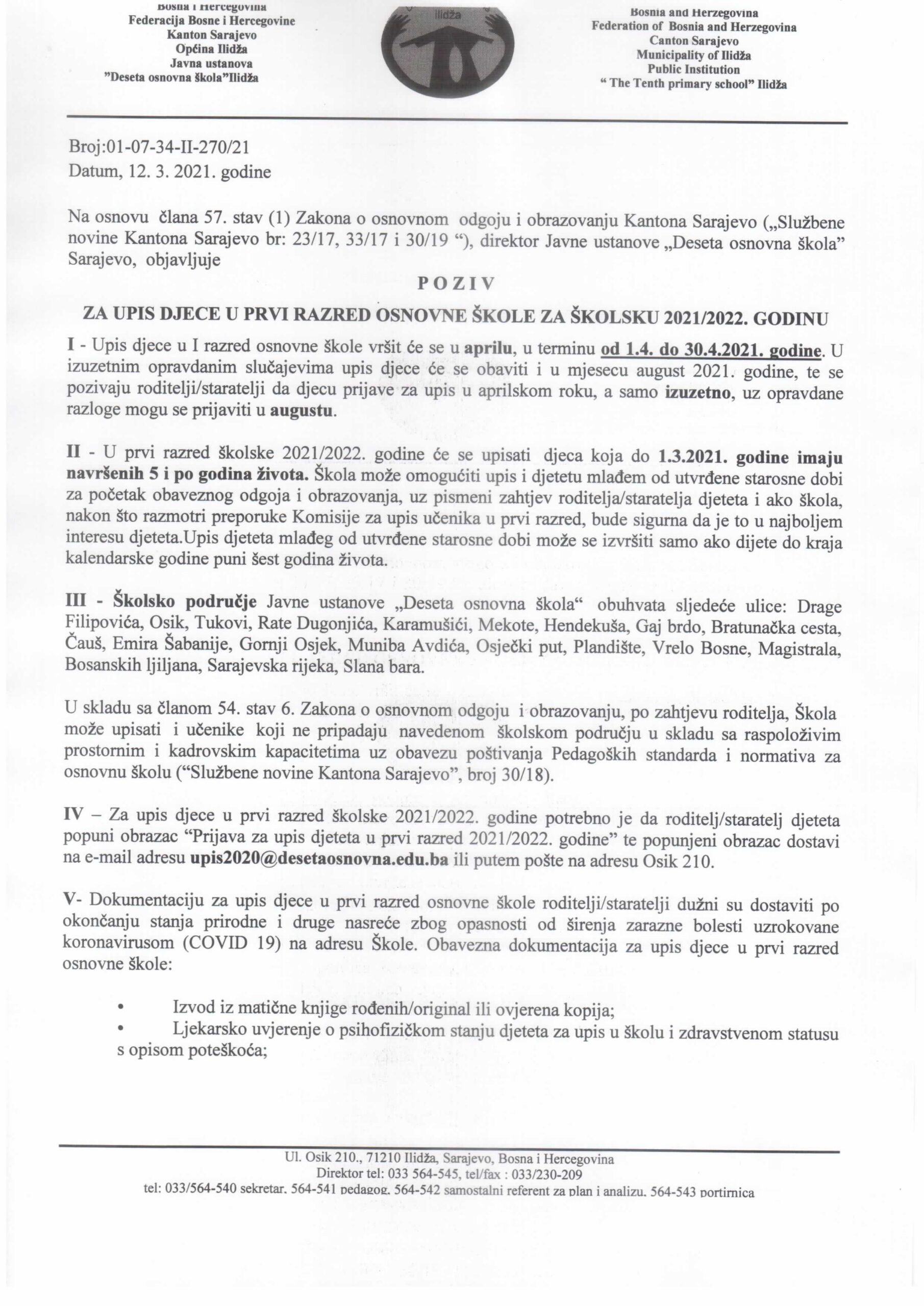 OBAVJEŠTENJA – JU "Deseta osnovna škola" Ilidža